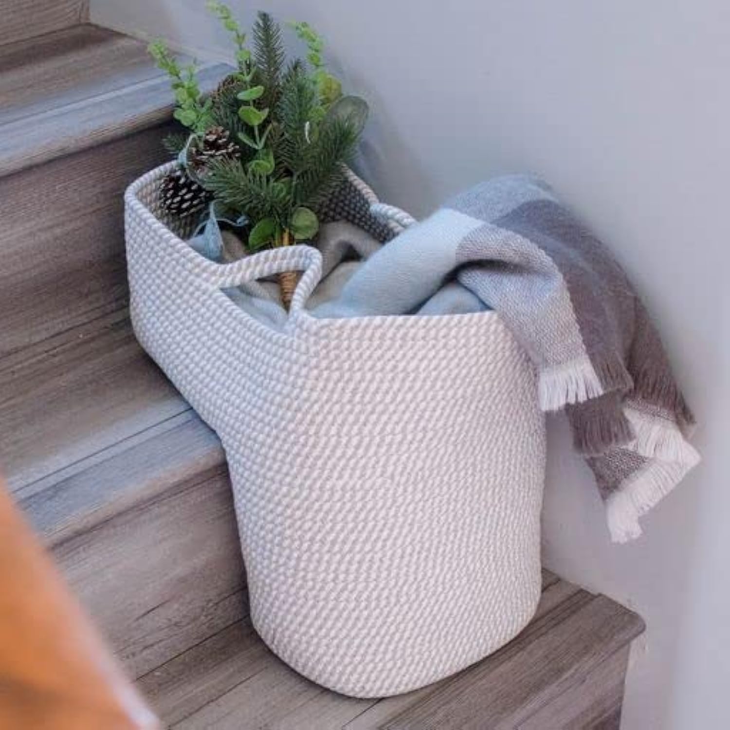 Amazon.com: Stair Basket - Gray and White Rope Stair Basket - Staircase ...
