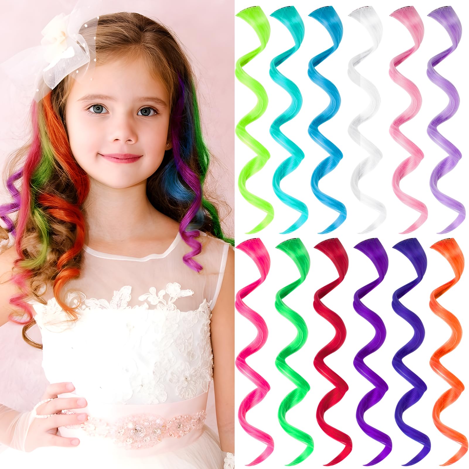 Amazon.com : Olldag 12 PCS Colored Hair Extensions for Kids, Curly Wavy ...