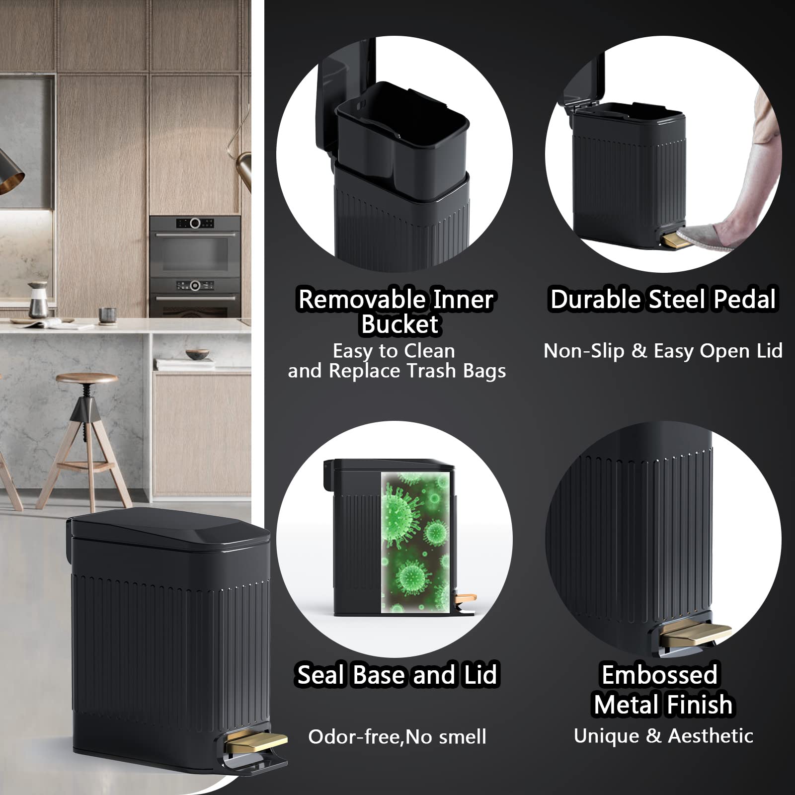 Small Bathroom Trash Can with Lid Soft Close-6L/1.6 Gal Slim Step ...