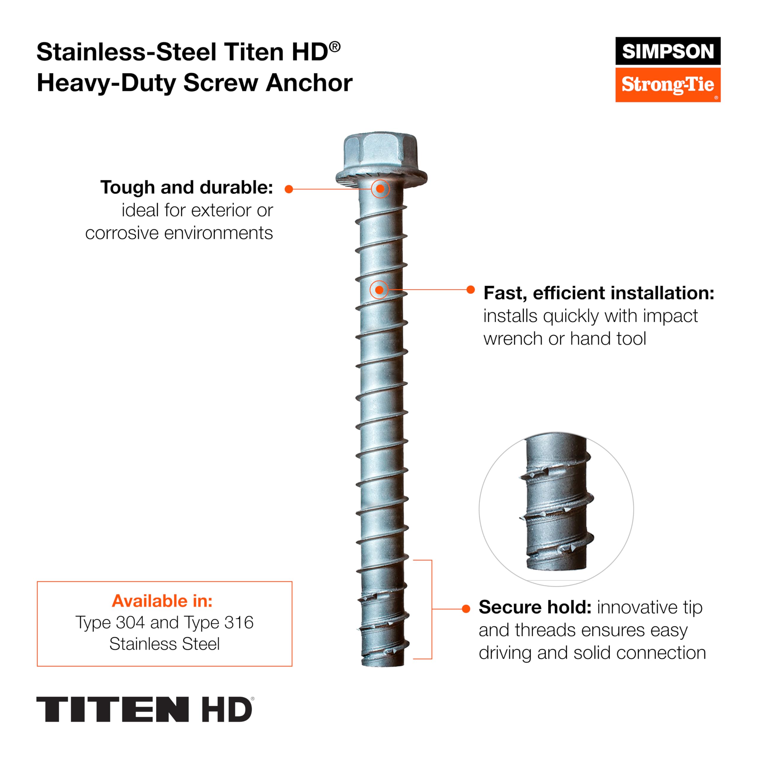 Stainless Steel Concrete Anchors Simpson Strong-Tie Titen HD 1/2x5 Inch ...