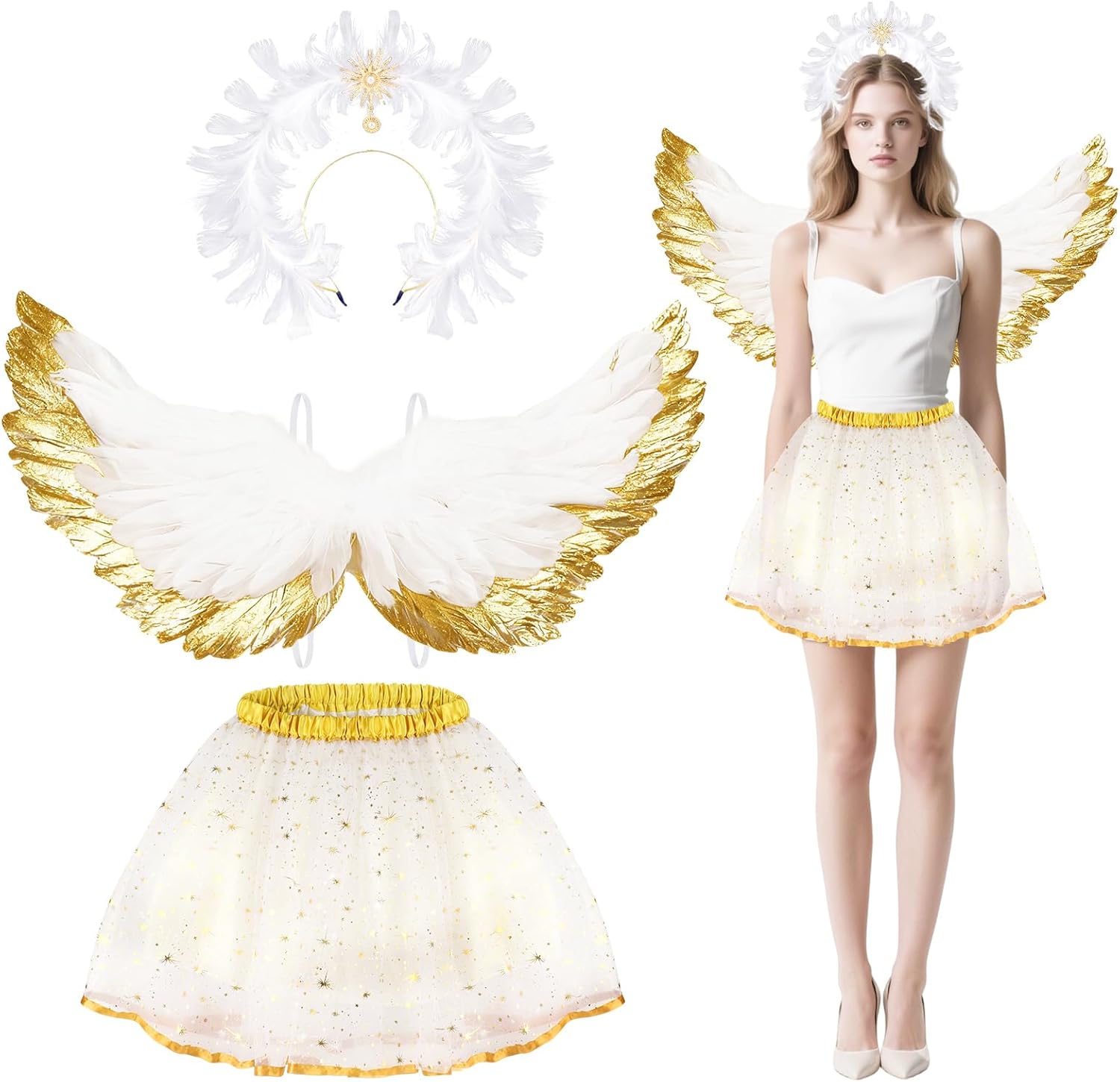 Beipegin Angel Costumes Womens Star Tutu Skirt Gold White Feathered ...