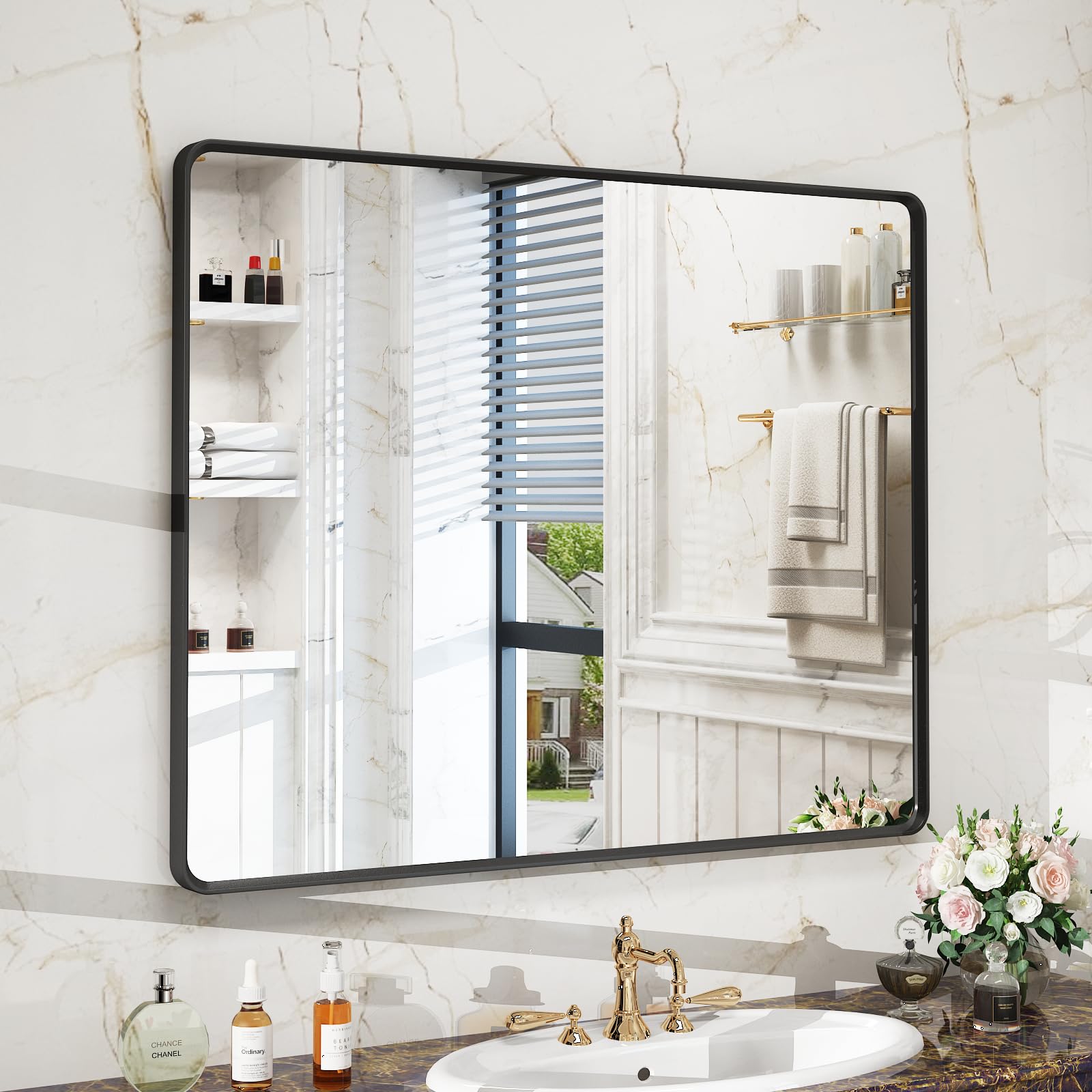 Amazon.com: OKPAL 40X32 Inch Black Metal Frame Bathroom Mirror for Wall ...