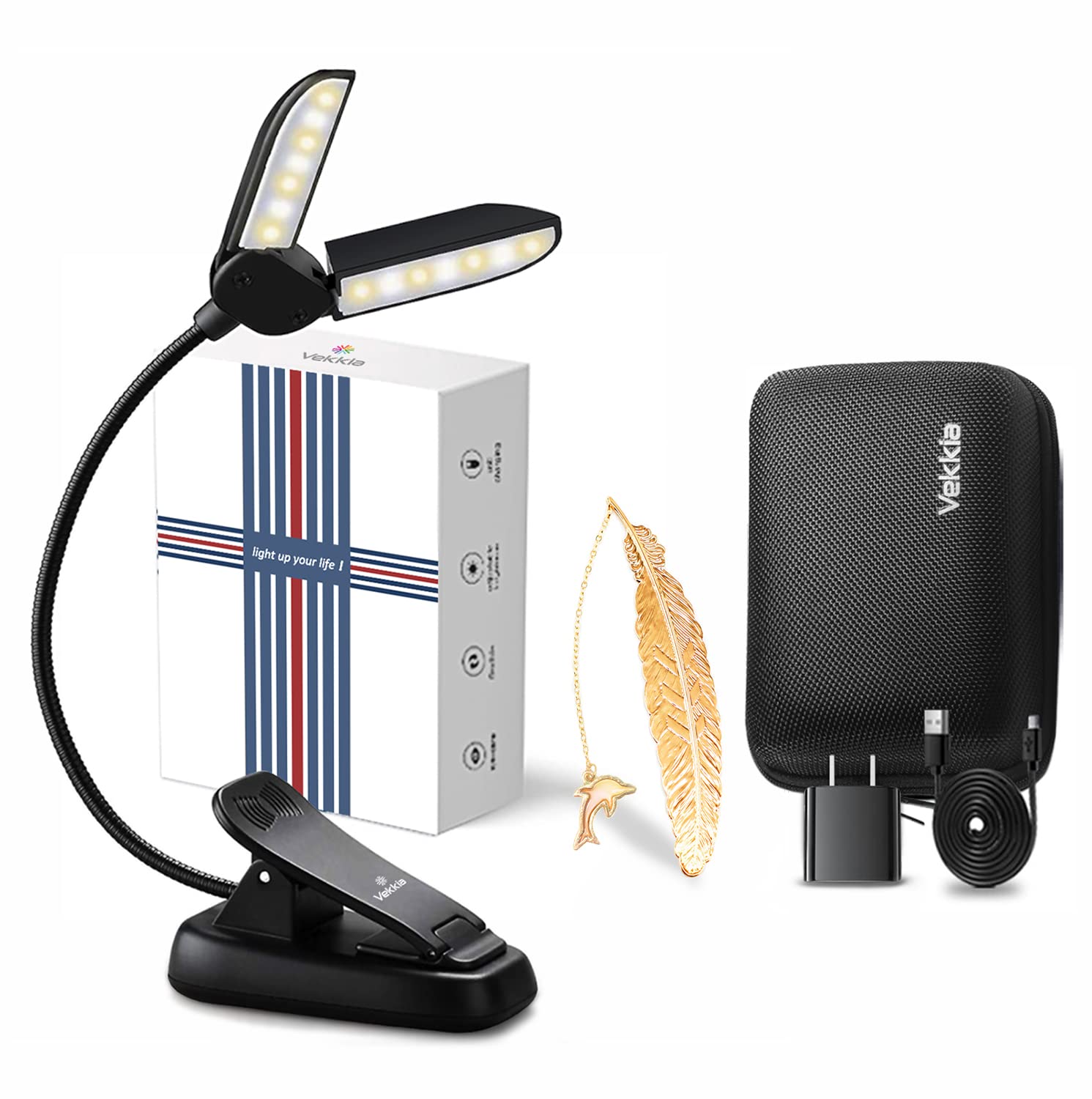 Vekkia 14 LED Book Light with Bookmark & Charger & Travel Case, Cover ...