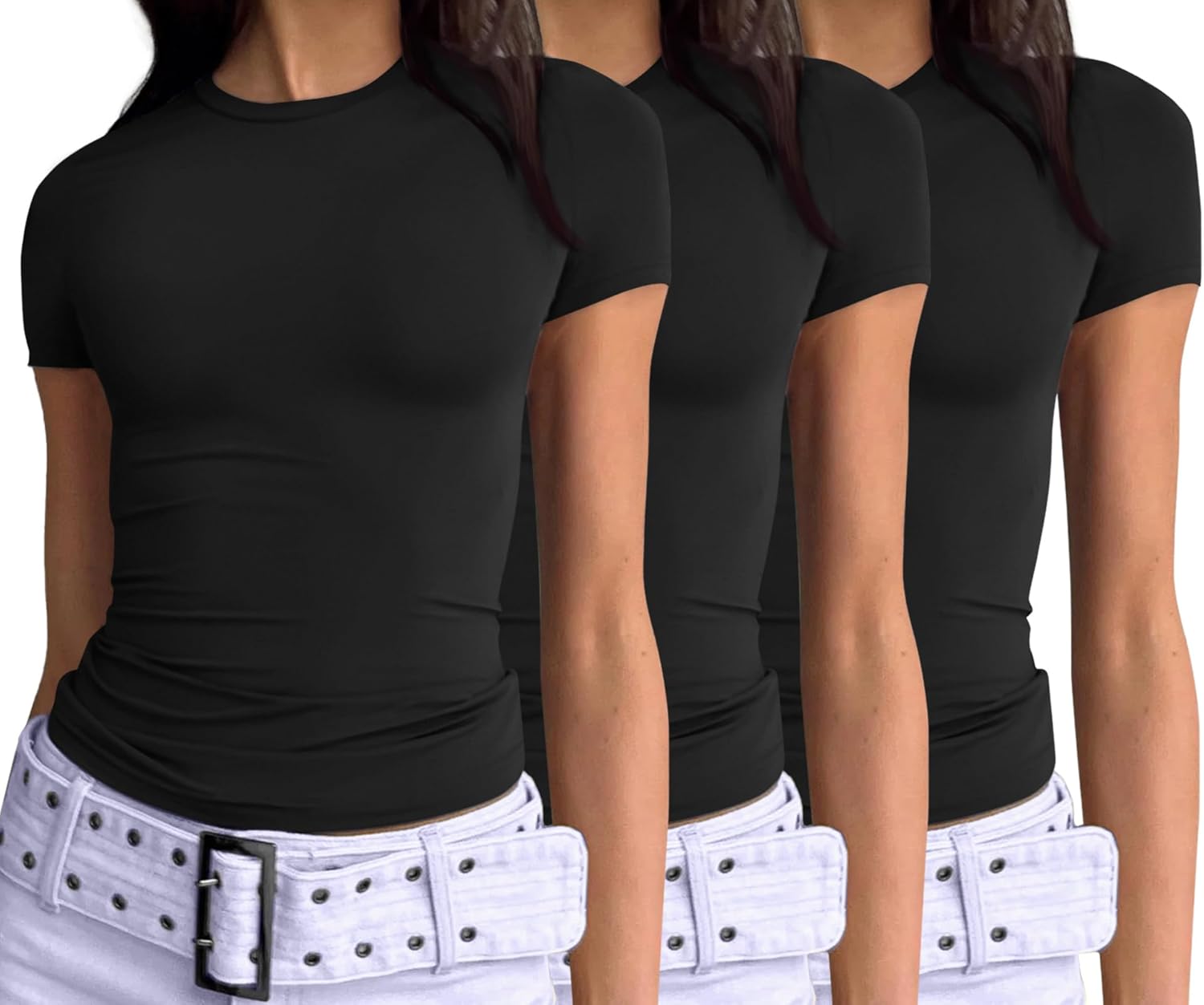 AUTOMET Womens 3 Piece Short Sleeve Shirts Basic Going Out Tops Slim ...