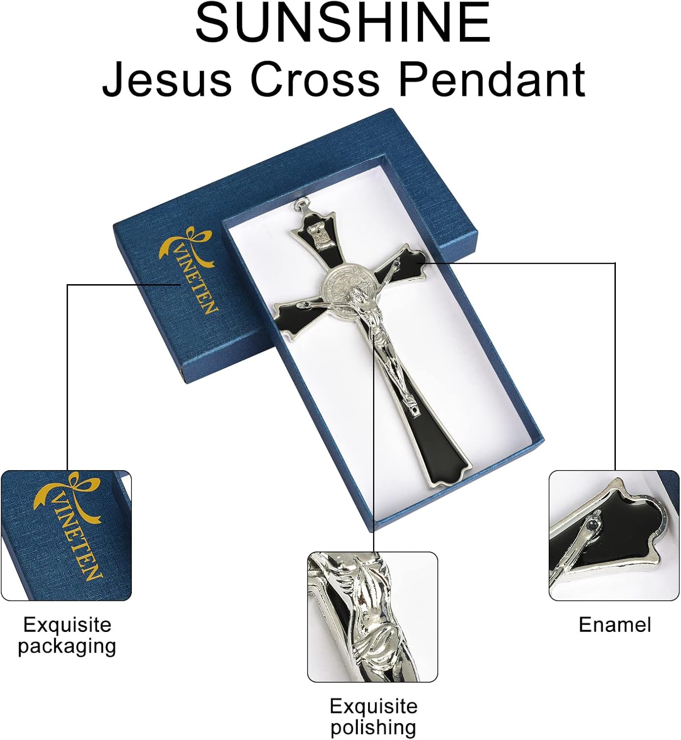 VINETEN Black Enamel Crucifix Wall Cross -Saint Benedict Metal Wall Art ...