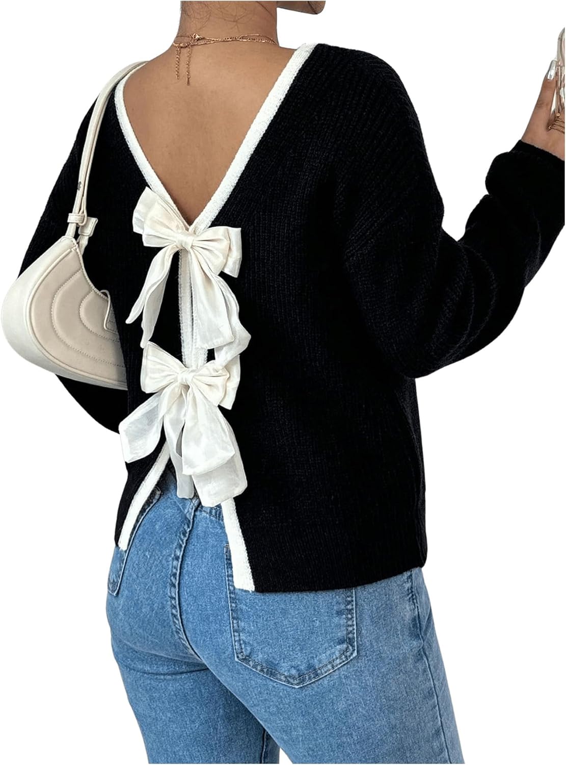 GORGLITTER Women's Bow Tie Backless Sweater Long Sleeve Crew Neck ...