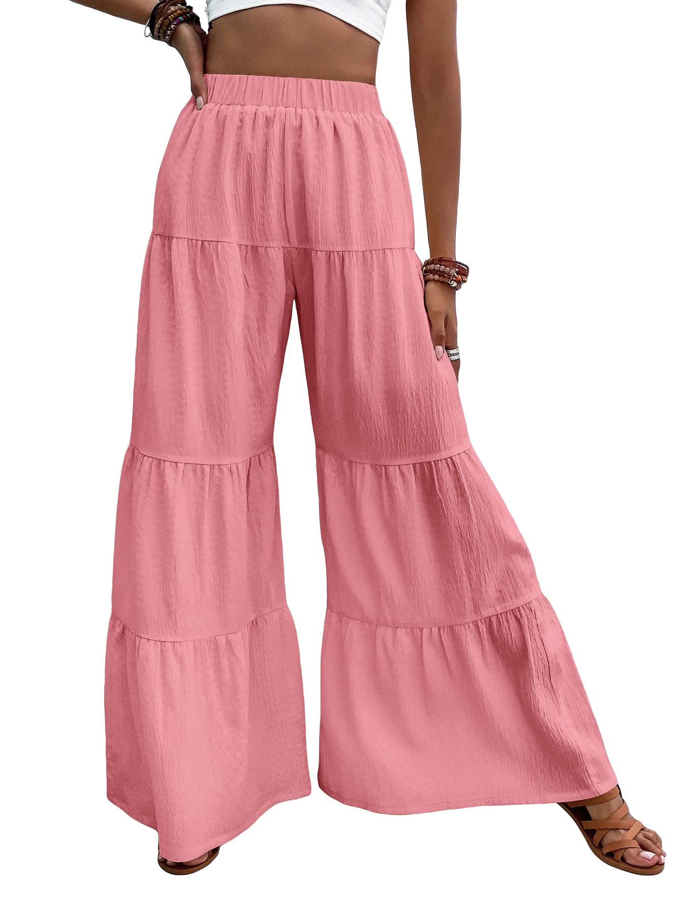 WDIRARA Women's Flowy Boho Elastic High Waist Ruffle Hem Wide Leg Beach ...