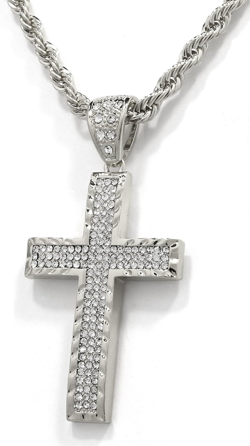 SMJ GLOBAL Iced Out Cross Pendant with a 30 Inch Rope Chain Necklace ...