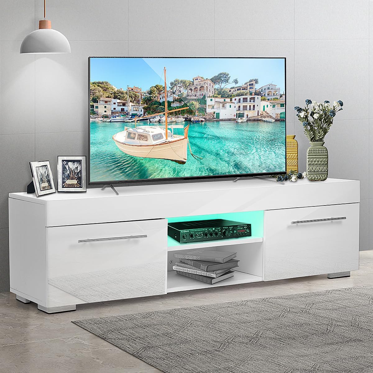 Amazon.com: HOMMPA LED TV Stand for 59 inch TVs White LED Entertainment ...