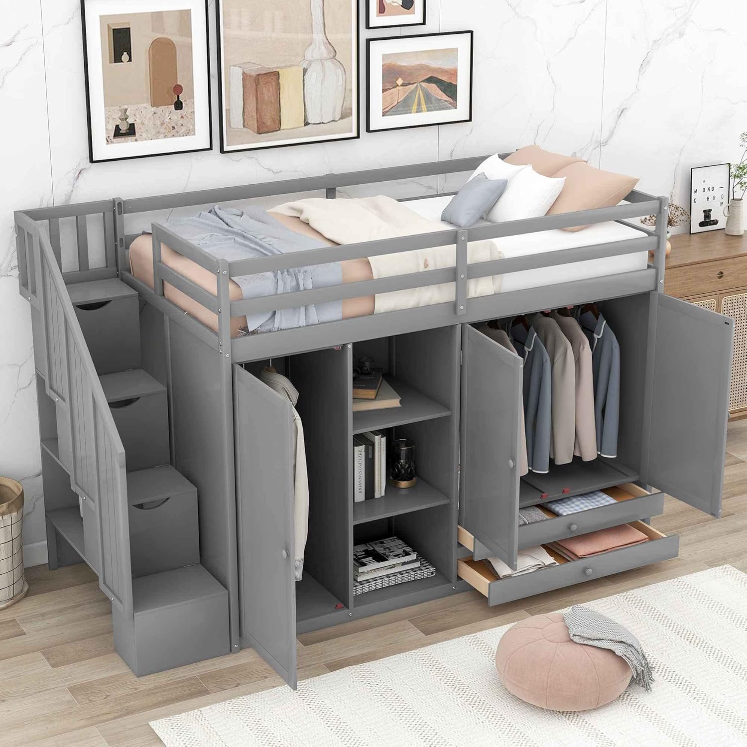 Amazon.com: ATY Twin Size Loft Bed with 3 Shelves, 2 Wardrobes and ...