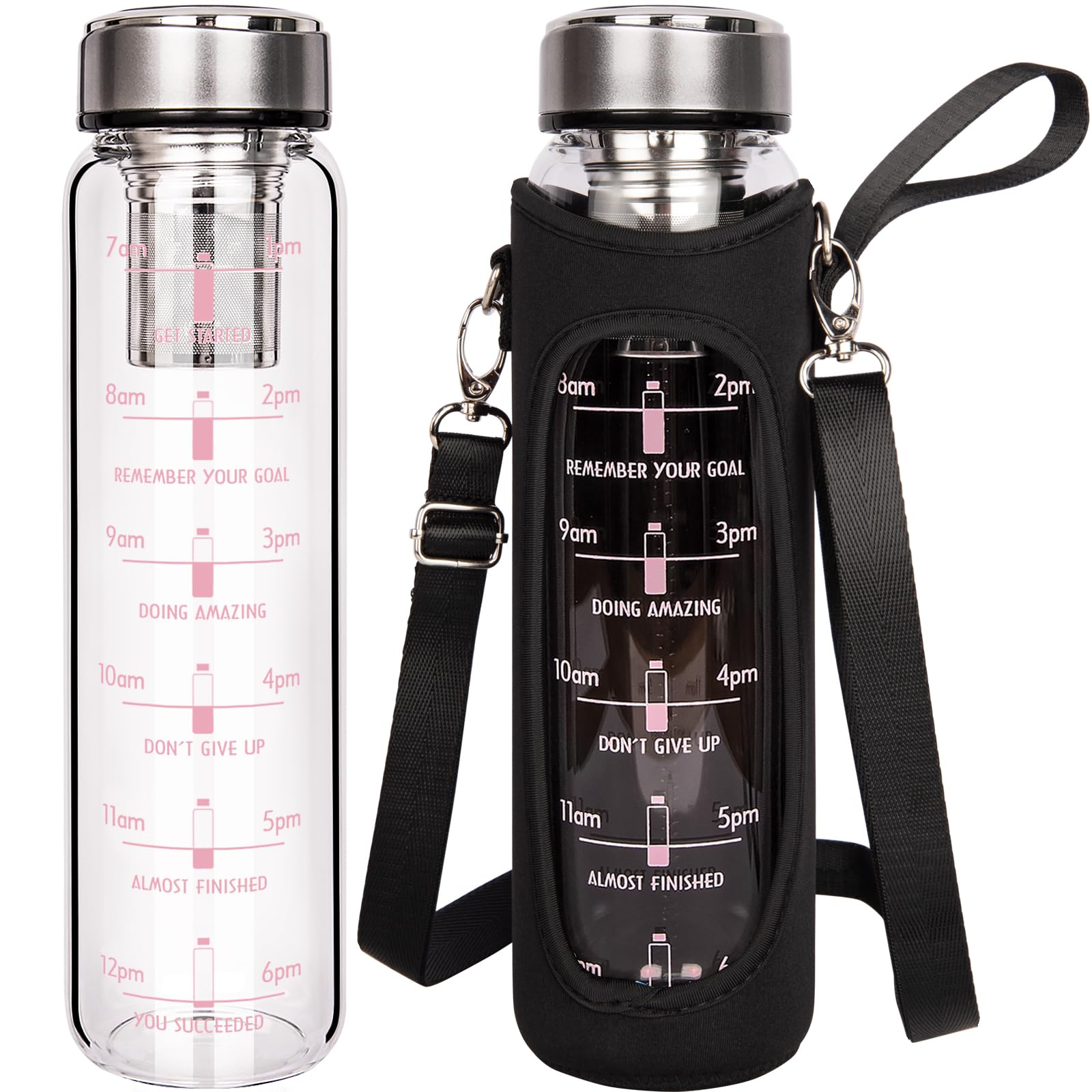 DEARRAY 1l / 1000ml Glass Water Bottle with Time Markings, 1 Liter Tea ...