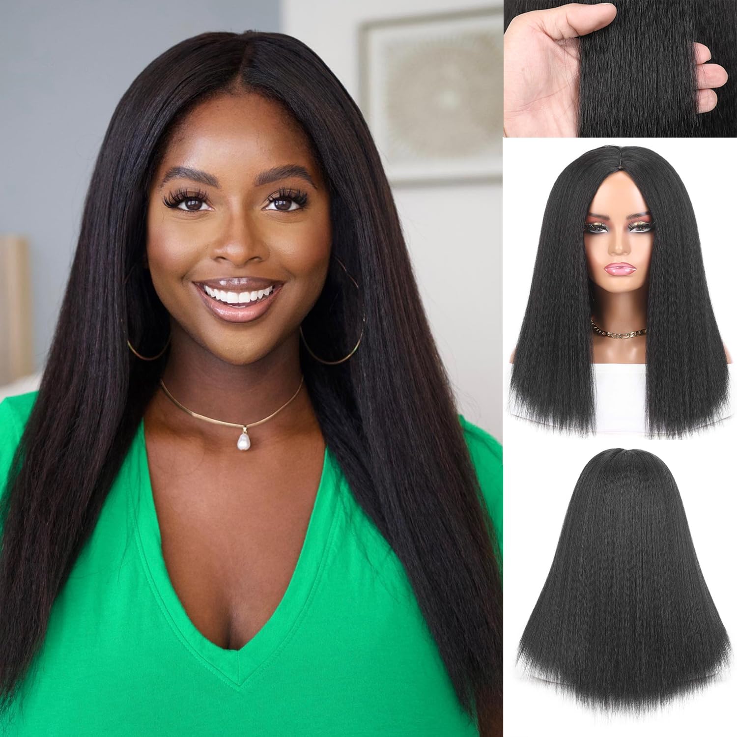 Amazon.com : FANCEE Yaki Straight Wig for Black Women 18 Inch Black ...