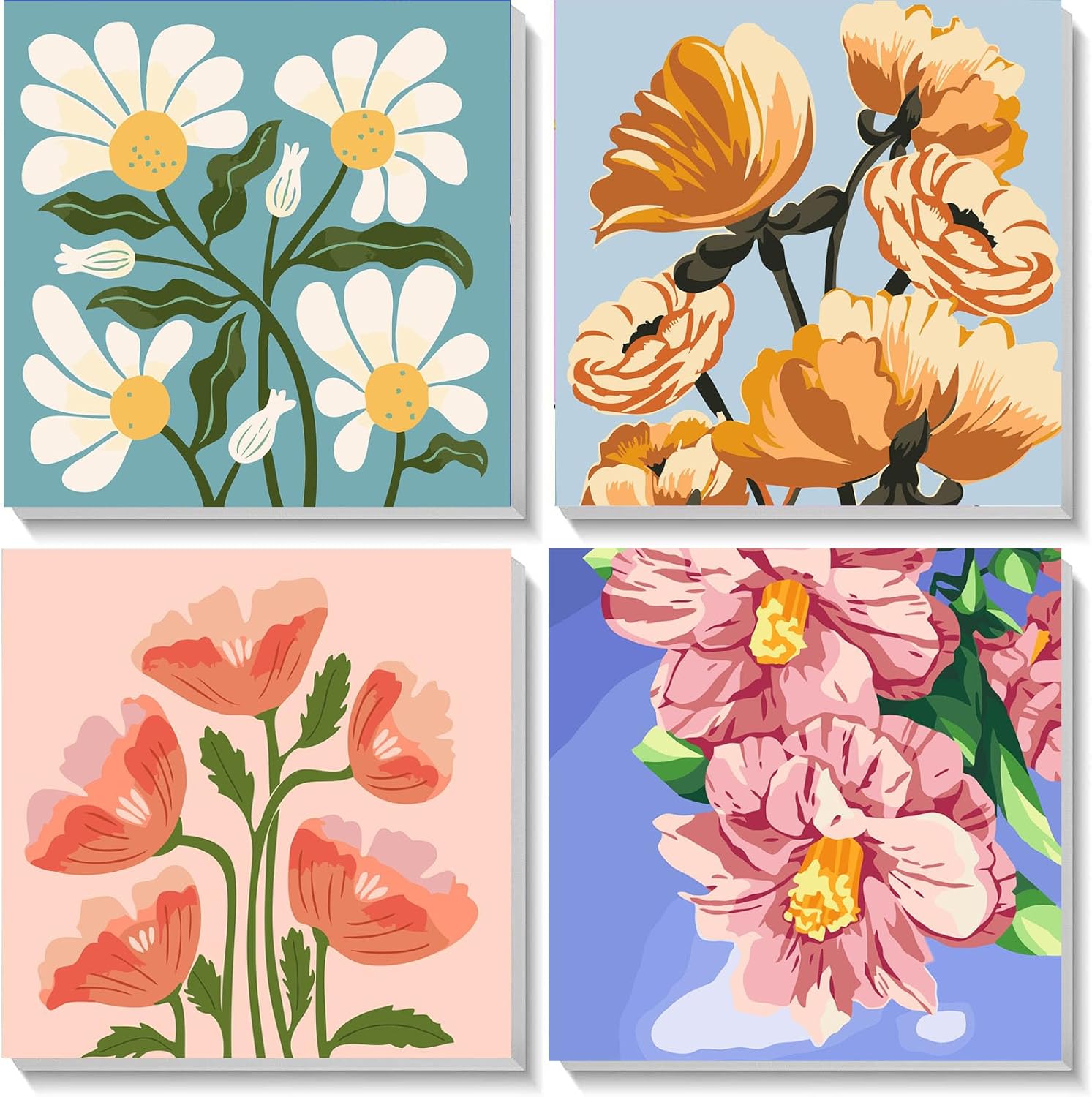 4 Pack Flower Paint by Numbers for Children with Wooden Frame-Floral ...