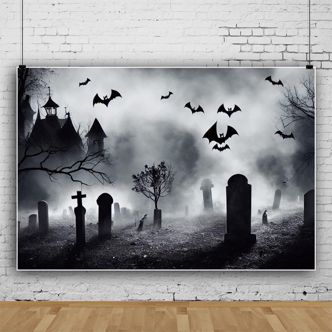 7x5ft Vinyl Horror Halloween Cemetery Backdrop Scary Gravestone Flying ...