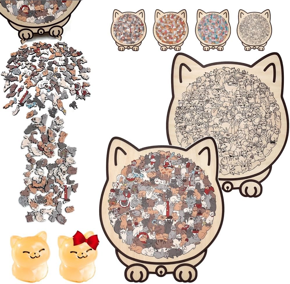 Amazon.com: 135-Piece Morandi-Colored Cat Shaped Wooden Jigsaw Puzzle ...