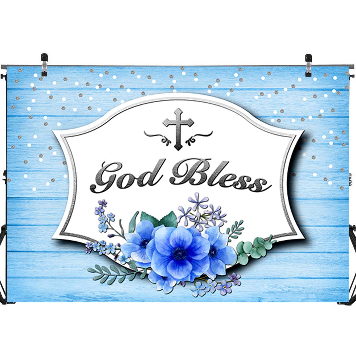 Blue God Bless Baptism Party Backdrop Banner Decorations First Holy ...