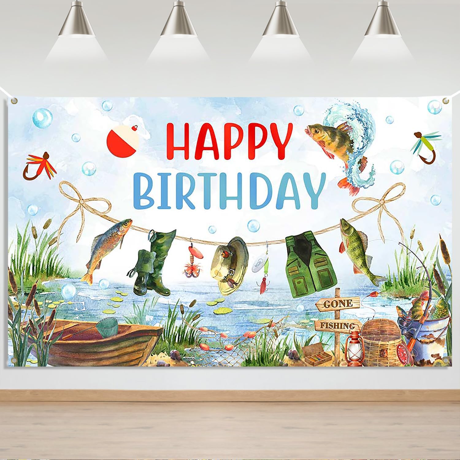 Amazon.com : Mocsicka Gone Fishing Backdrop Banner Happy Birthday ...