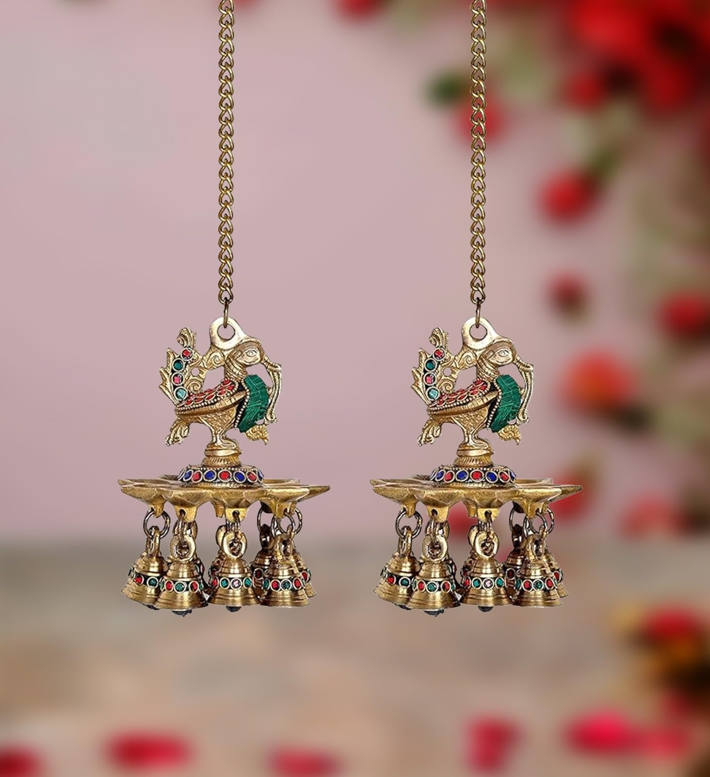 Buy Dattatreya Brass Hanging Peacock Diya with Bells Deepak deepam Oil ...