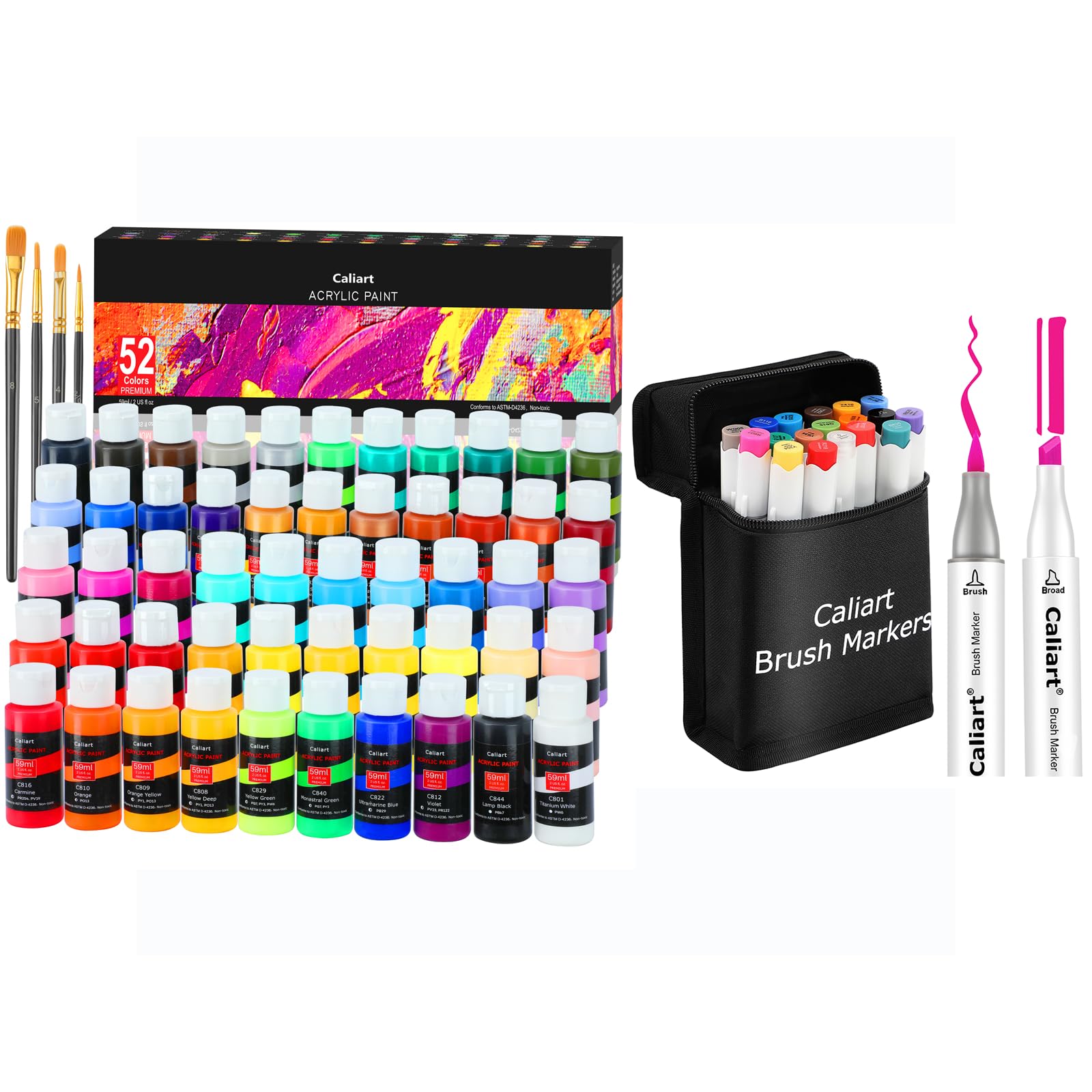 Amazon.com: Caliart 52 Colors Acrylic Paint Set With 4 Brushes, 18 ...