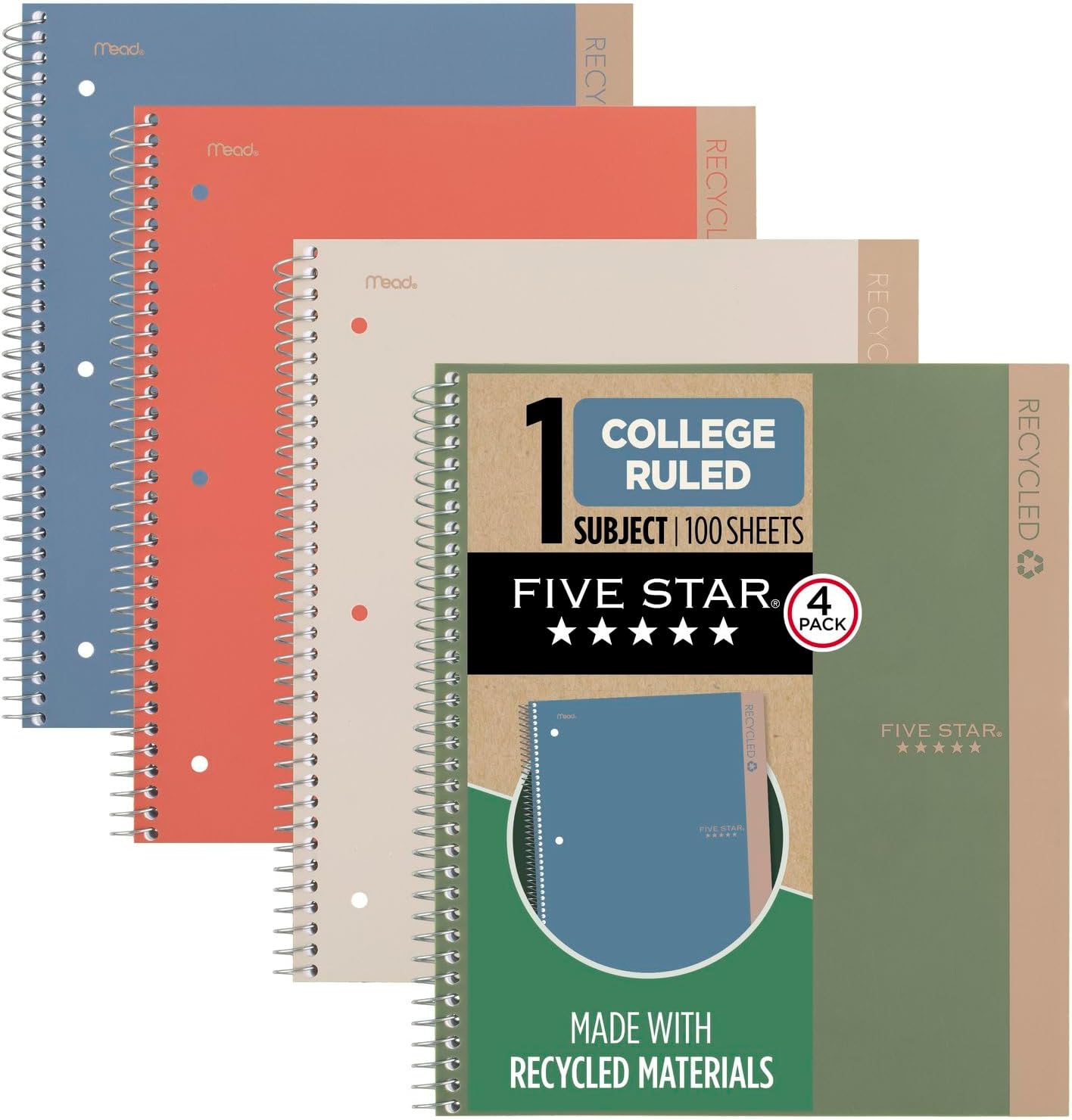 Five Star Spiral Notebooks + Study App, Recycled Cover, 4 Pack, 1 ...