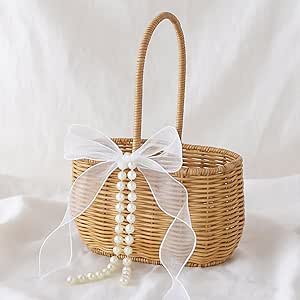 Amazon.com: SiliFine 1 Pcs Wicker Rattan Flower Girl Basket with Bows ...