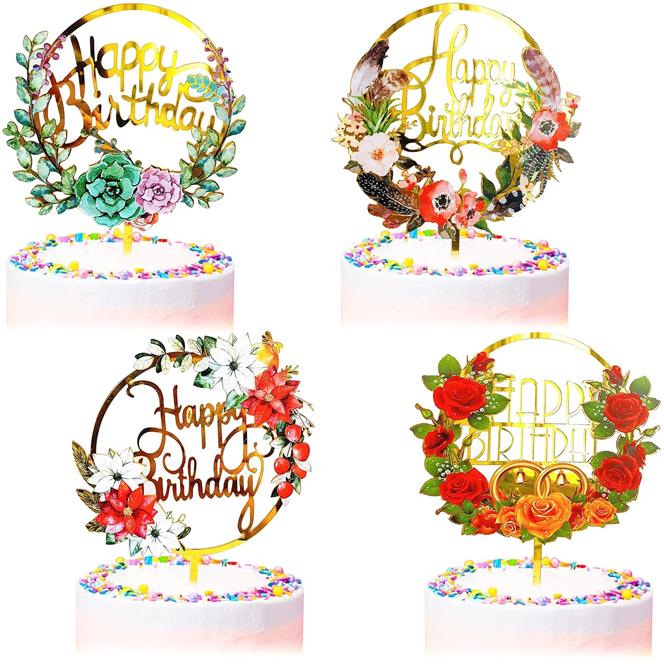 Buy Flowers Cake Toppers Acrylic Happy Birthday Cakes Toppers ...