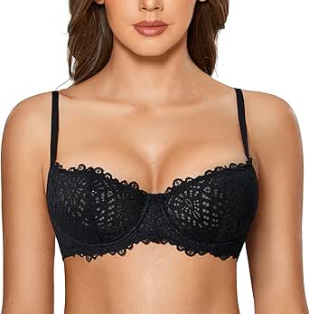 DOBREVA Women's Lace Balconette Push Up Bra Plus Size See Through Unlined Underwire Demi Black ...