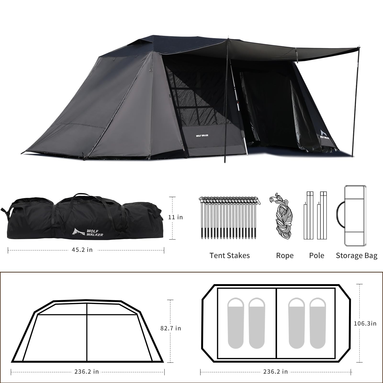 Wolf Walker 3-5 Person Cabin Tent Automatic Camping Tent with 2 Rooms ...