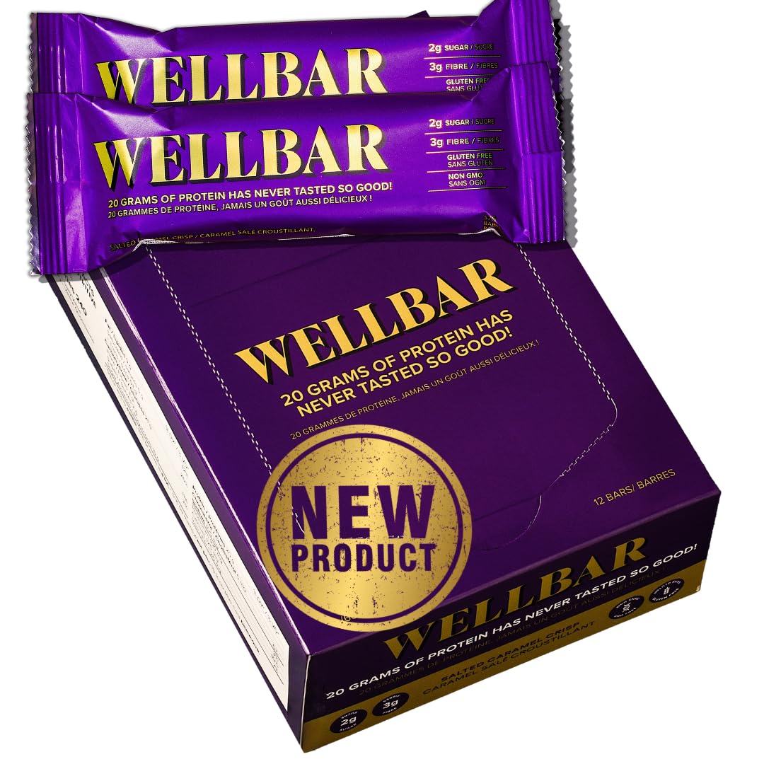 WELLBAR High Protein Bar - Salted Caramel Crisp - 12 x 57g Bars - 20g ...
