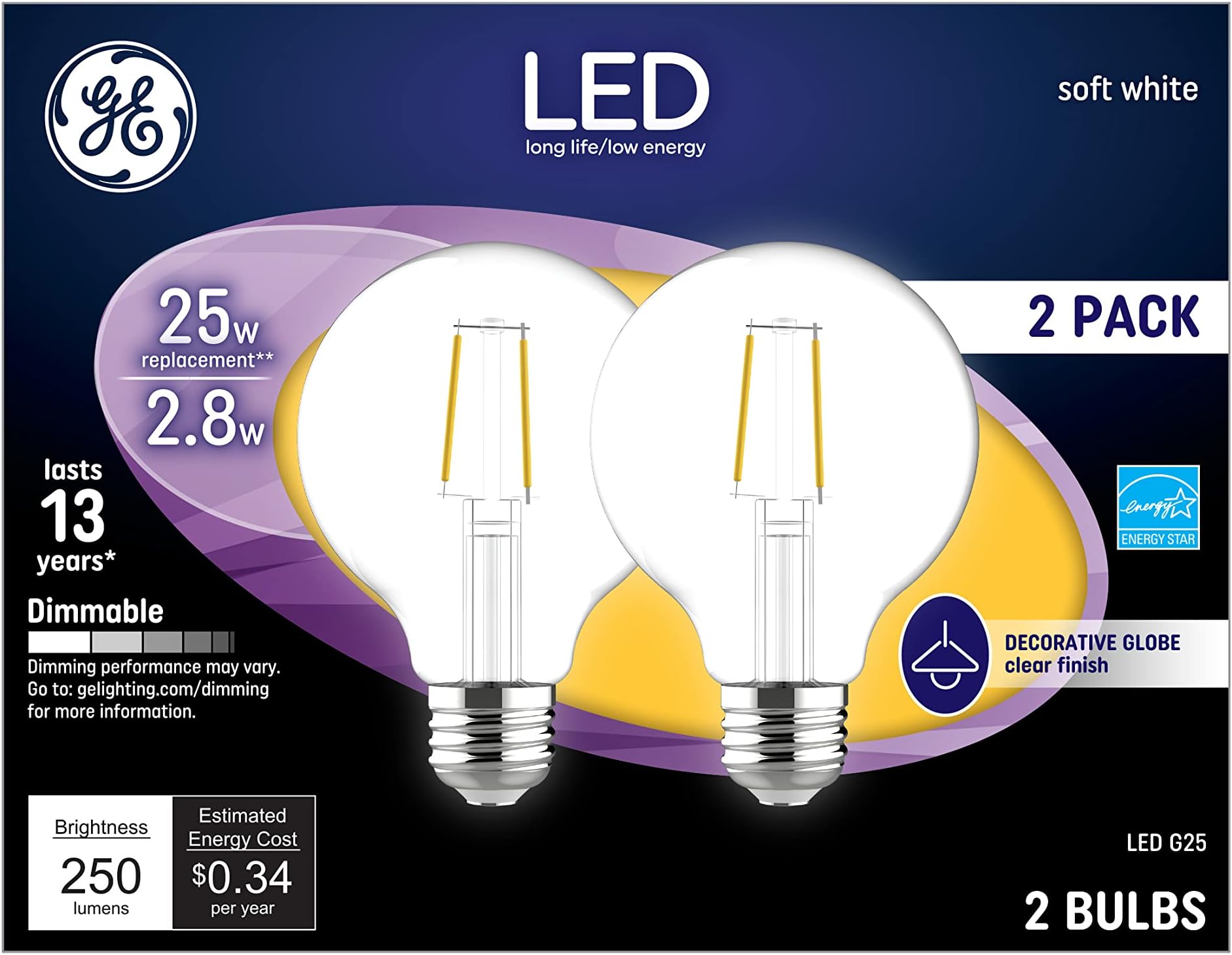 GE LED Light Bulbs, 25 Watt, Soft White, G25 Globe Bulbs, Clear, Medium ...