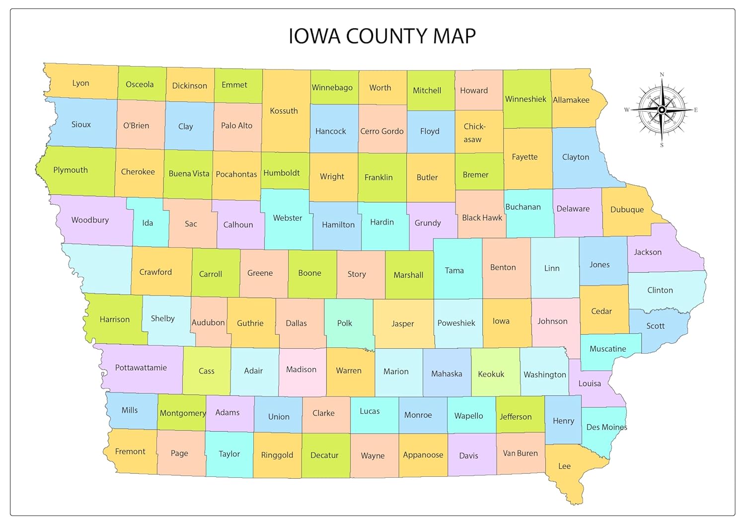 34"x24" Poster Blank Iowa county with county names [Laminated]: Amazon ...