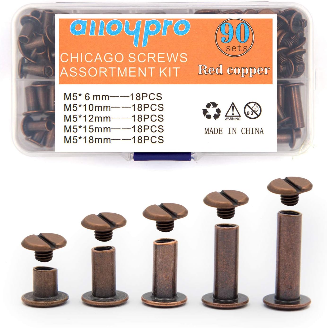 Amazon.com: 90 Sets Chicago Screws Assorted Kit 5 Sizes Red Copper ...