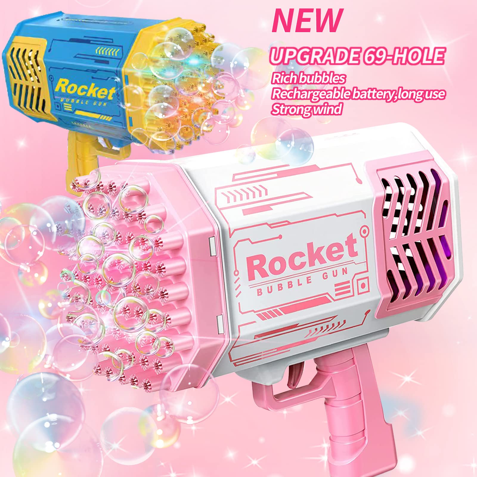 Bubble Gun, Bubble Machine Gun with 69 Holes and Lights, Bubble Blaster ...