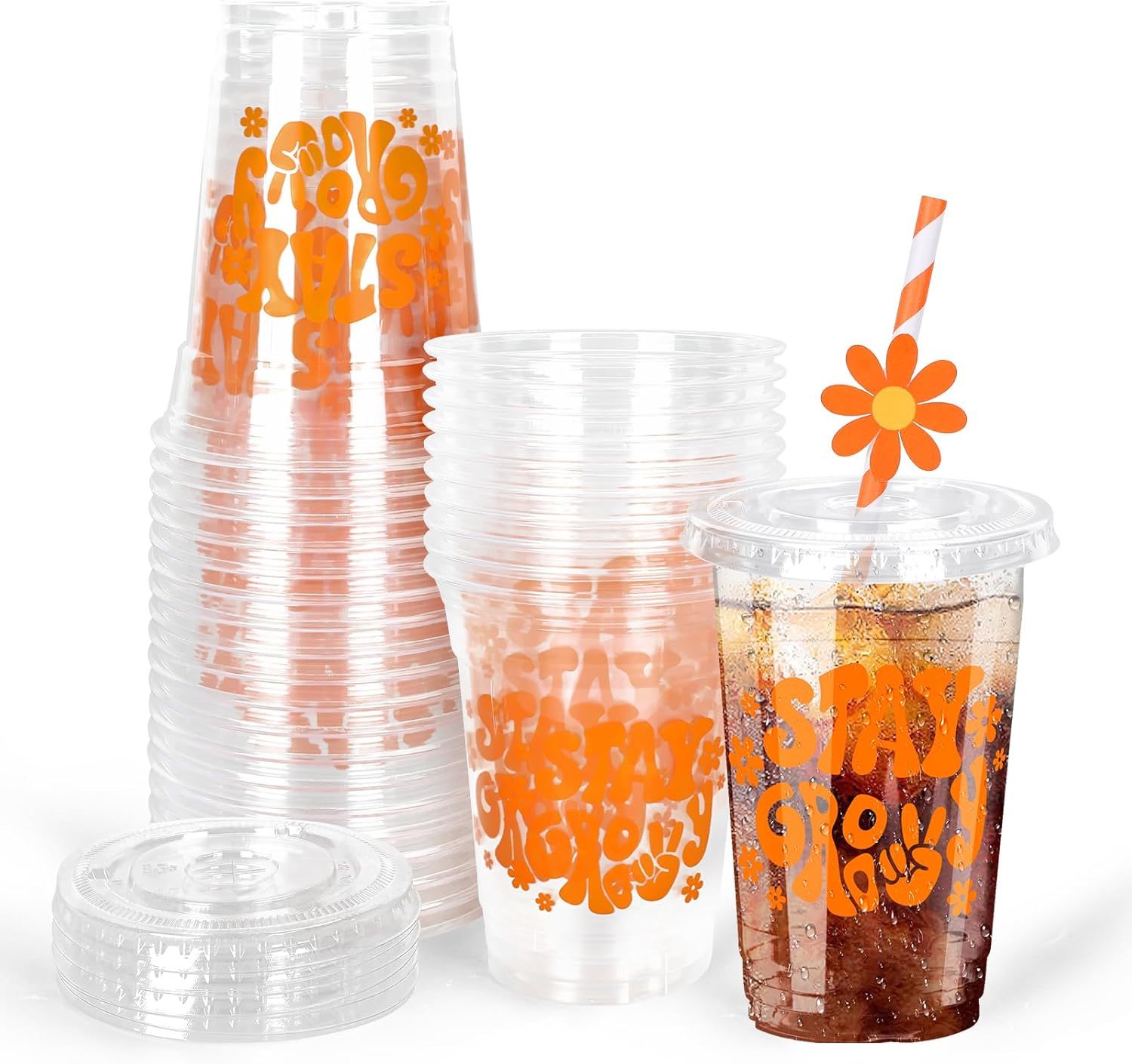 Amazon.com: Whaline 50Pcs Boho Plastic Cups with Flat Lids 12Oz Groovy ...