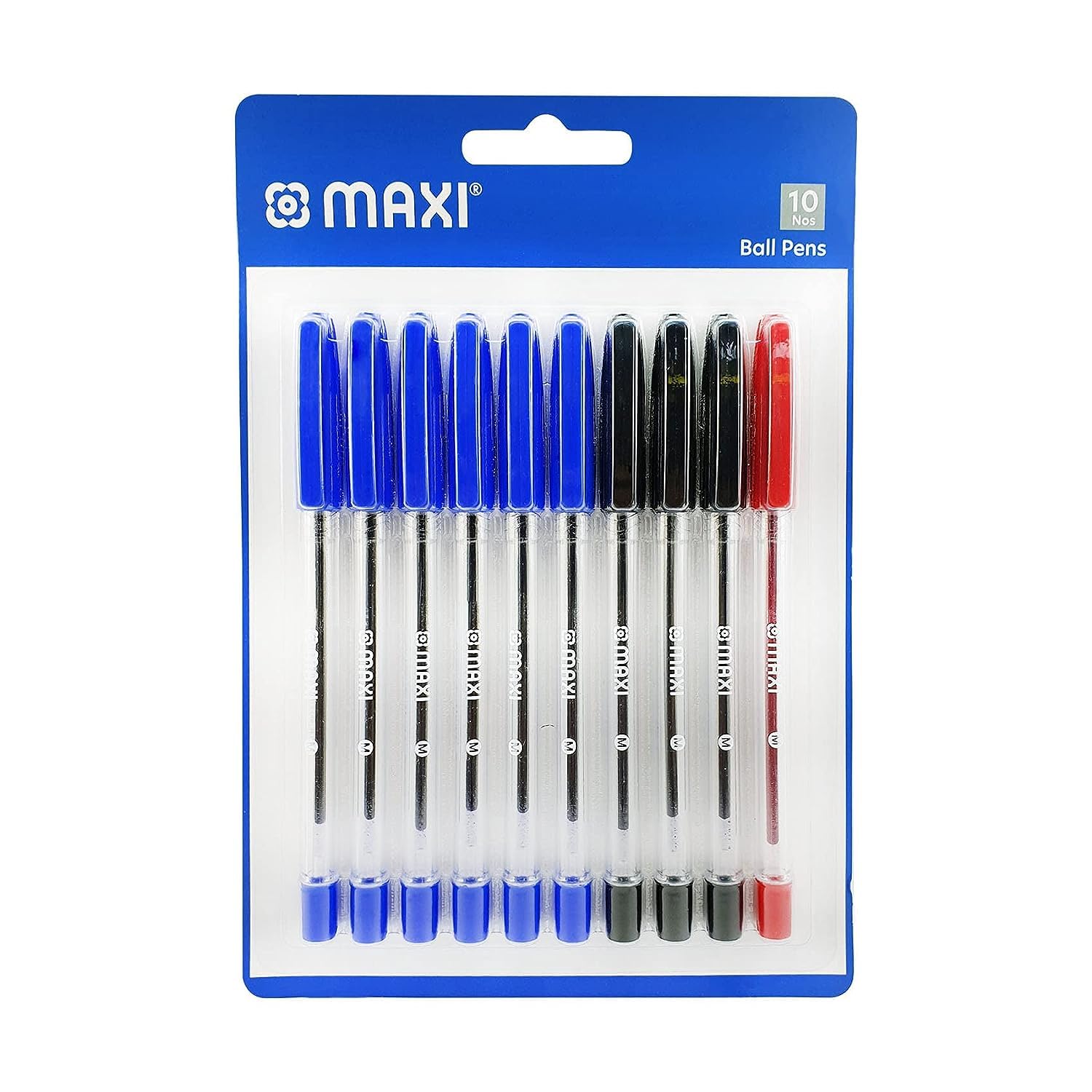 MAXI BALL PEN MEDUM TIP BLISTER OF 10PC ASSORTED (6 BLUE + 3 BLACK + 1 ...