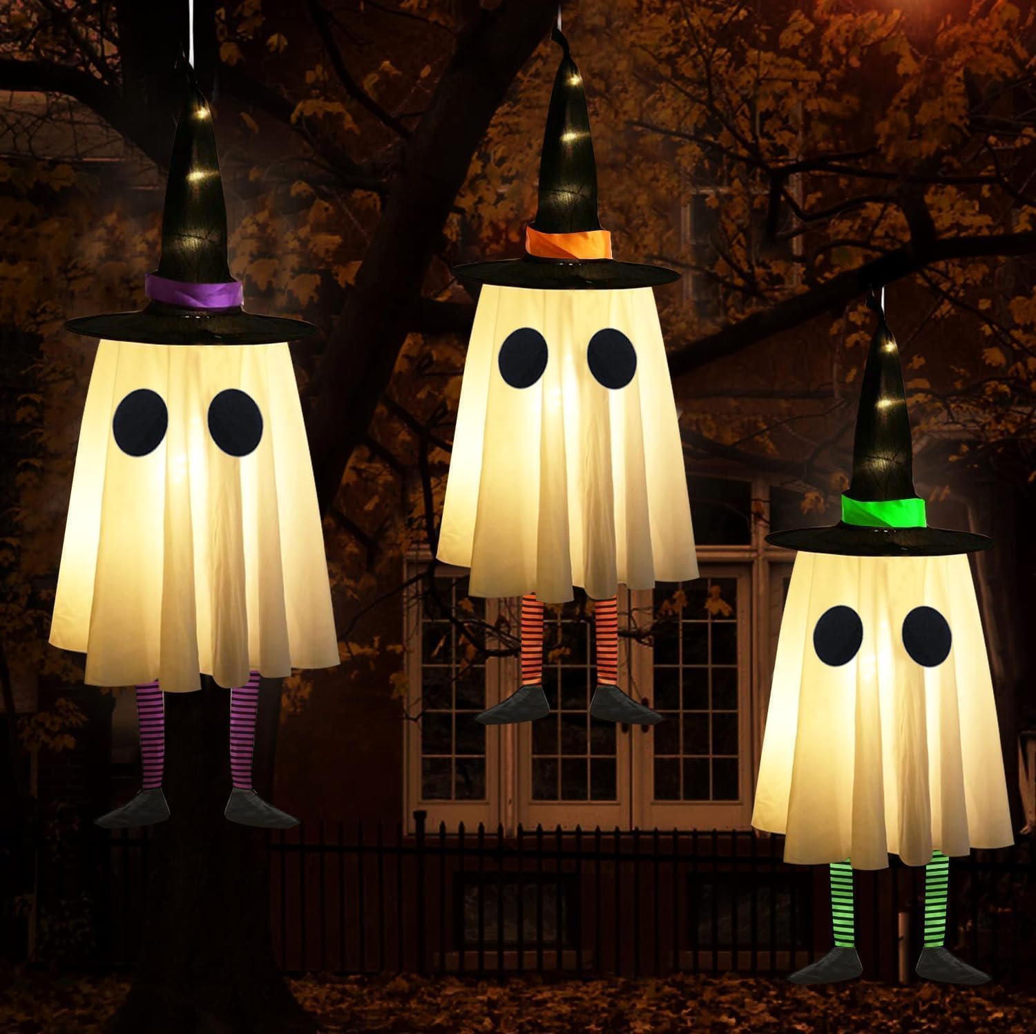 Amazon.com: 3 PCS Glowing Halloween Hanging Ghosts with Witch Hats ...