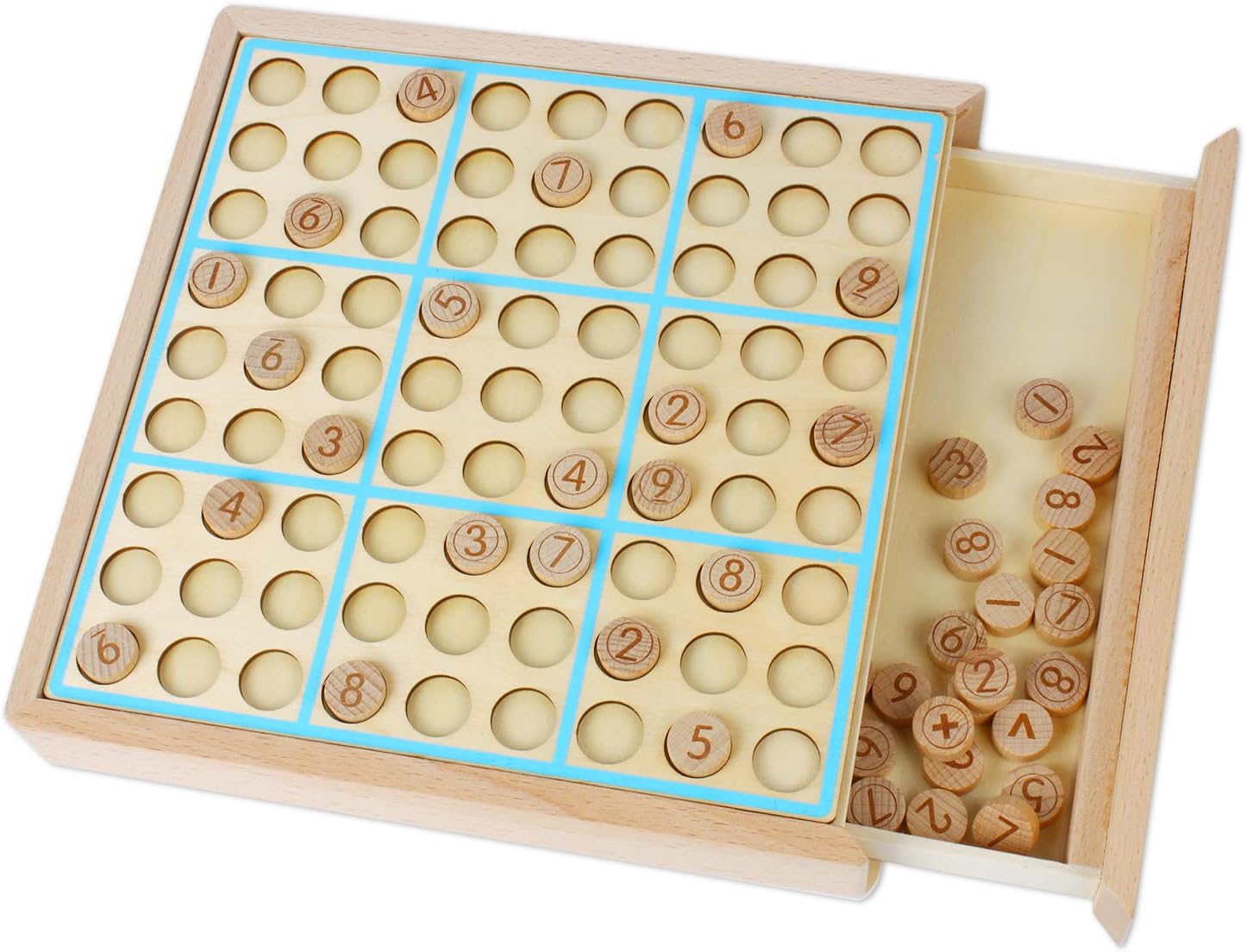 Larcele Wooden Sudoku Puzzle Board Game with Drawer, Round Chess Pieces ...