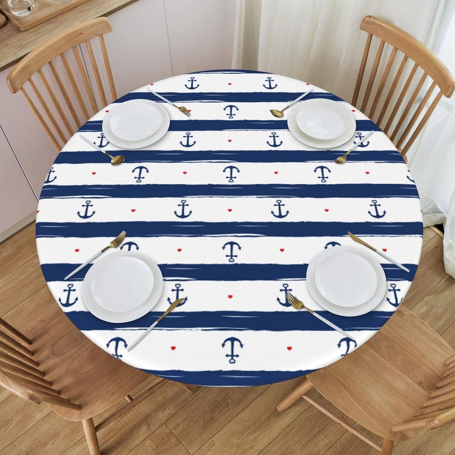 Amazon.com: Nautical Anchor Navy Stripe Round Table Cover Fitted ...
