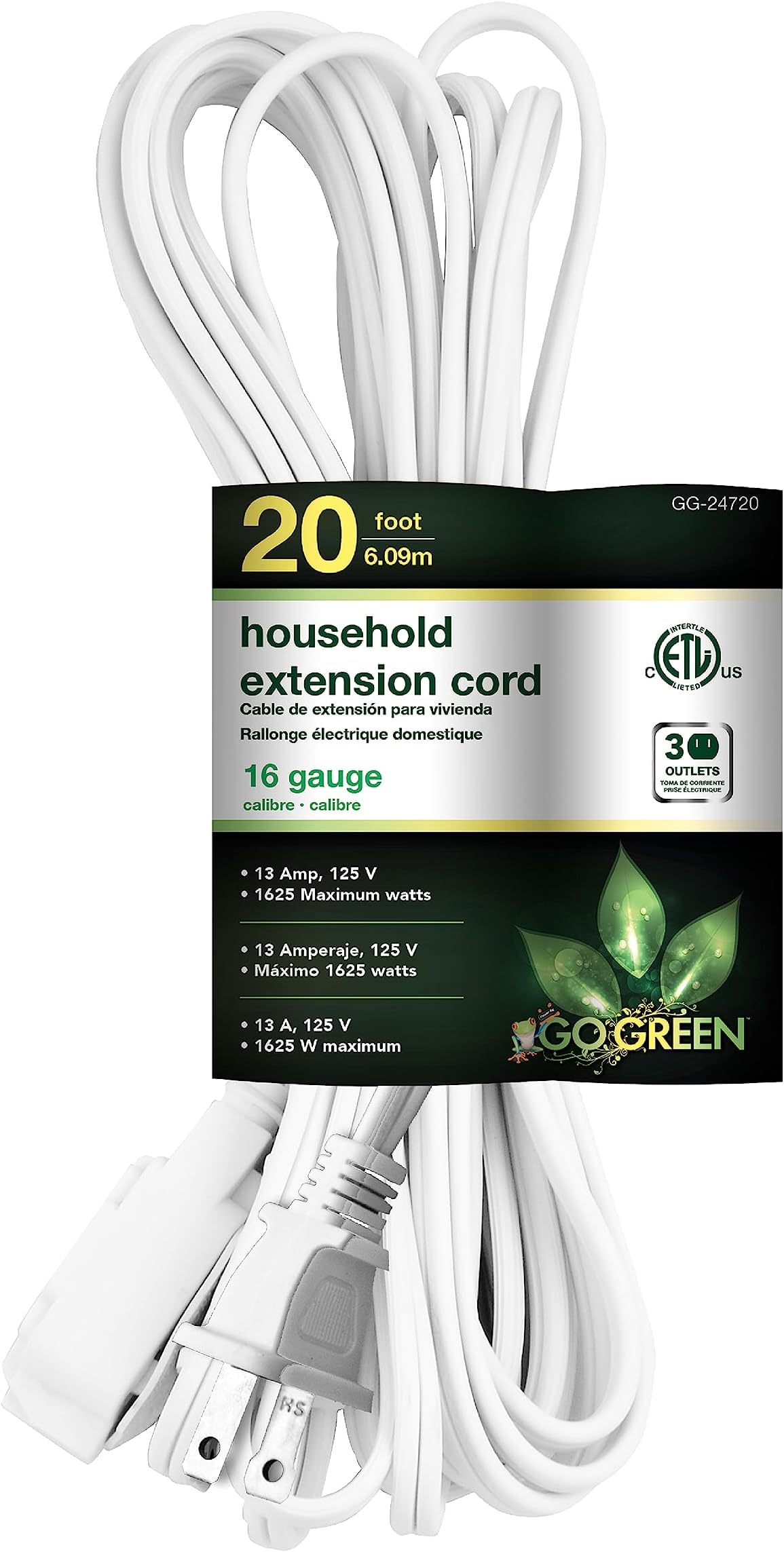 Amazon.com: Go Green Power Inc. 20ft Household Extension Cord, White, 3 ...