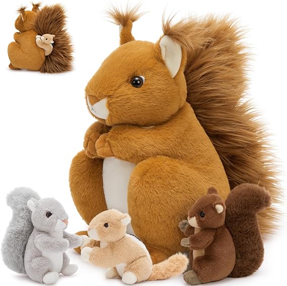 Amazon.com: MaoGoLan 4Pcs Squirrels Plush Toys with 3 Baby Squirrels ...