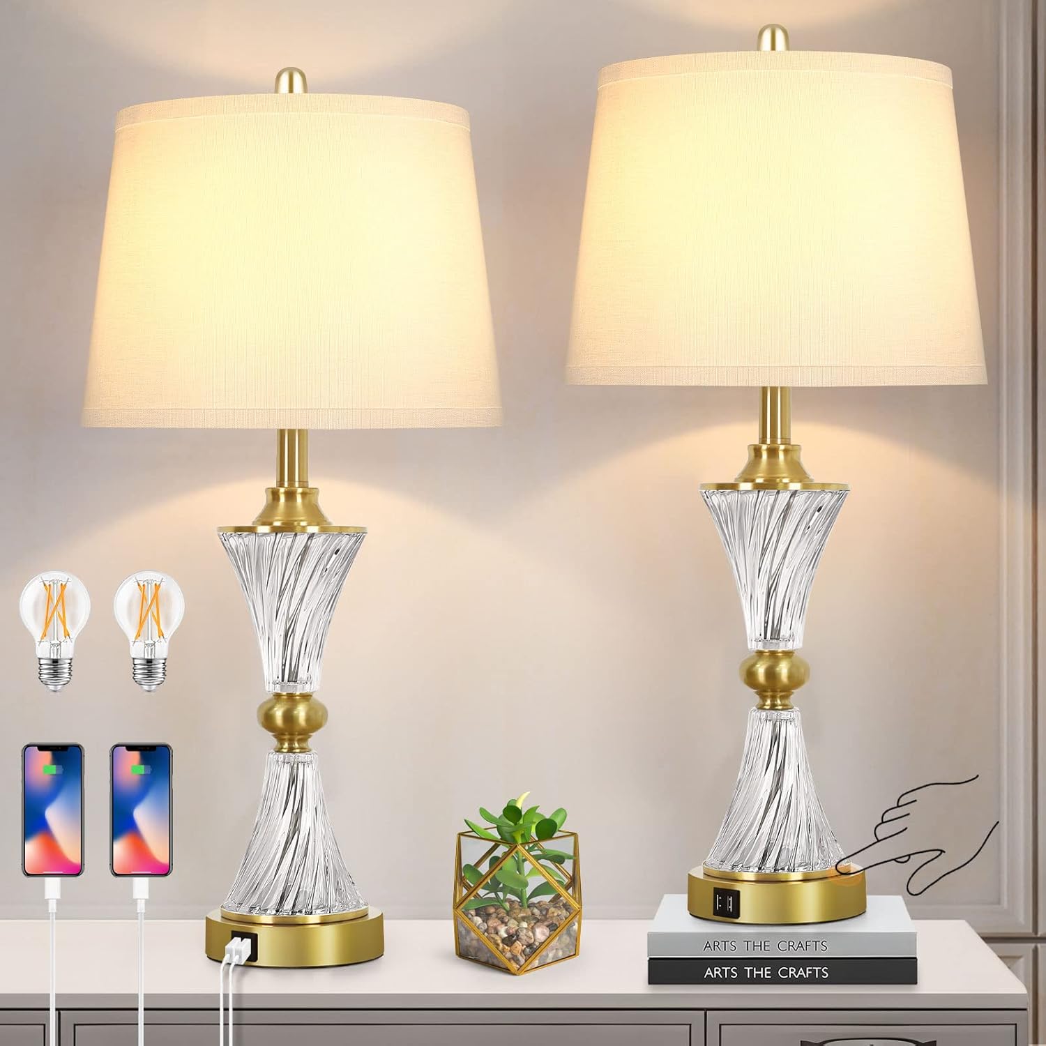Touch Control Dimmable Table Lamps for Bedrooms, 3-Way Gold Crystal ...