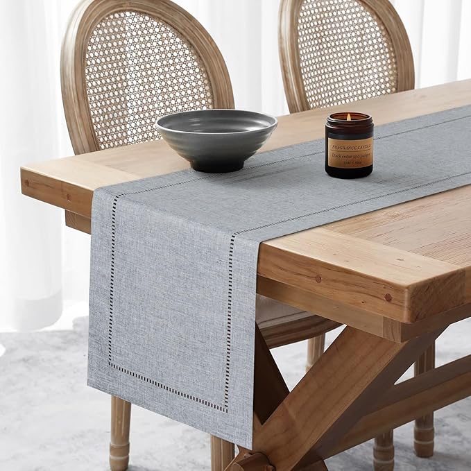 ASTNIC Table Runner 72 Inches Long, Grey Rustic Linen Hemstitch Table ...