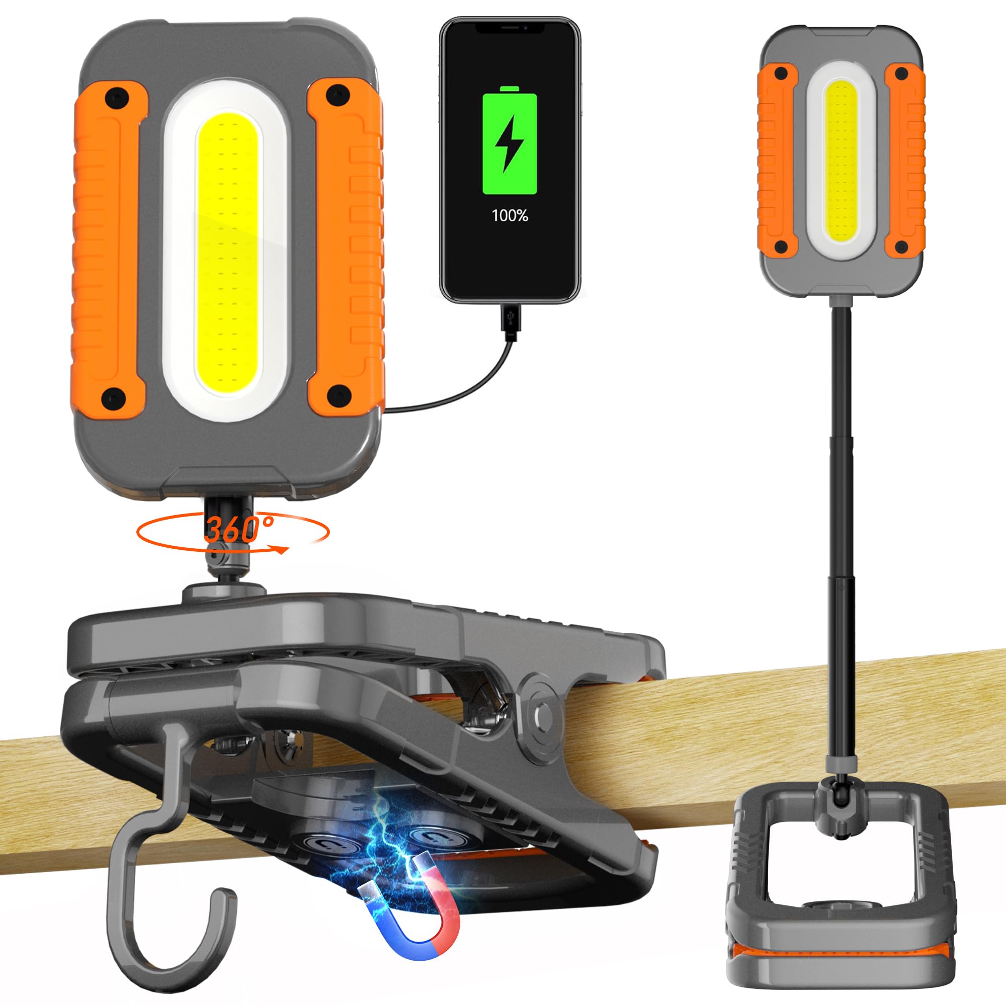 Molrebe Rechargeable Work Light with Clamp, 3000LM Clip on Lamp with ...
