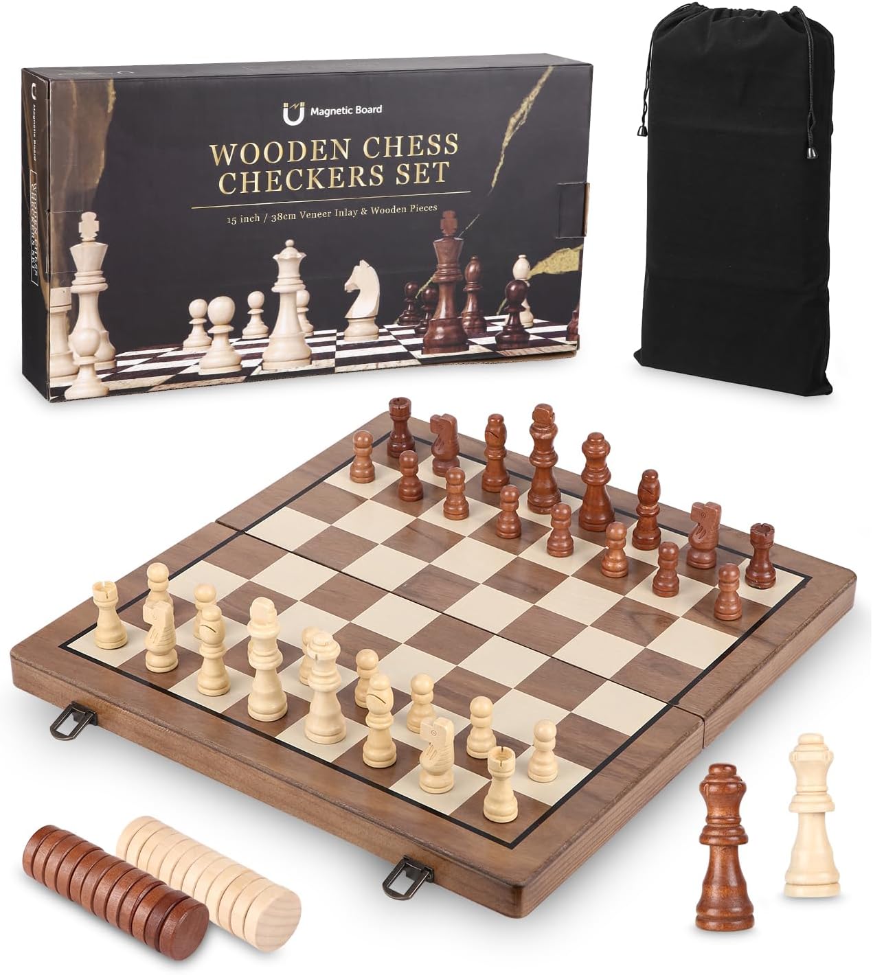 Magnetic Chess Set Board Games,39x39cm Magnetic Foldable Wooden Chess ...