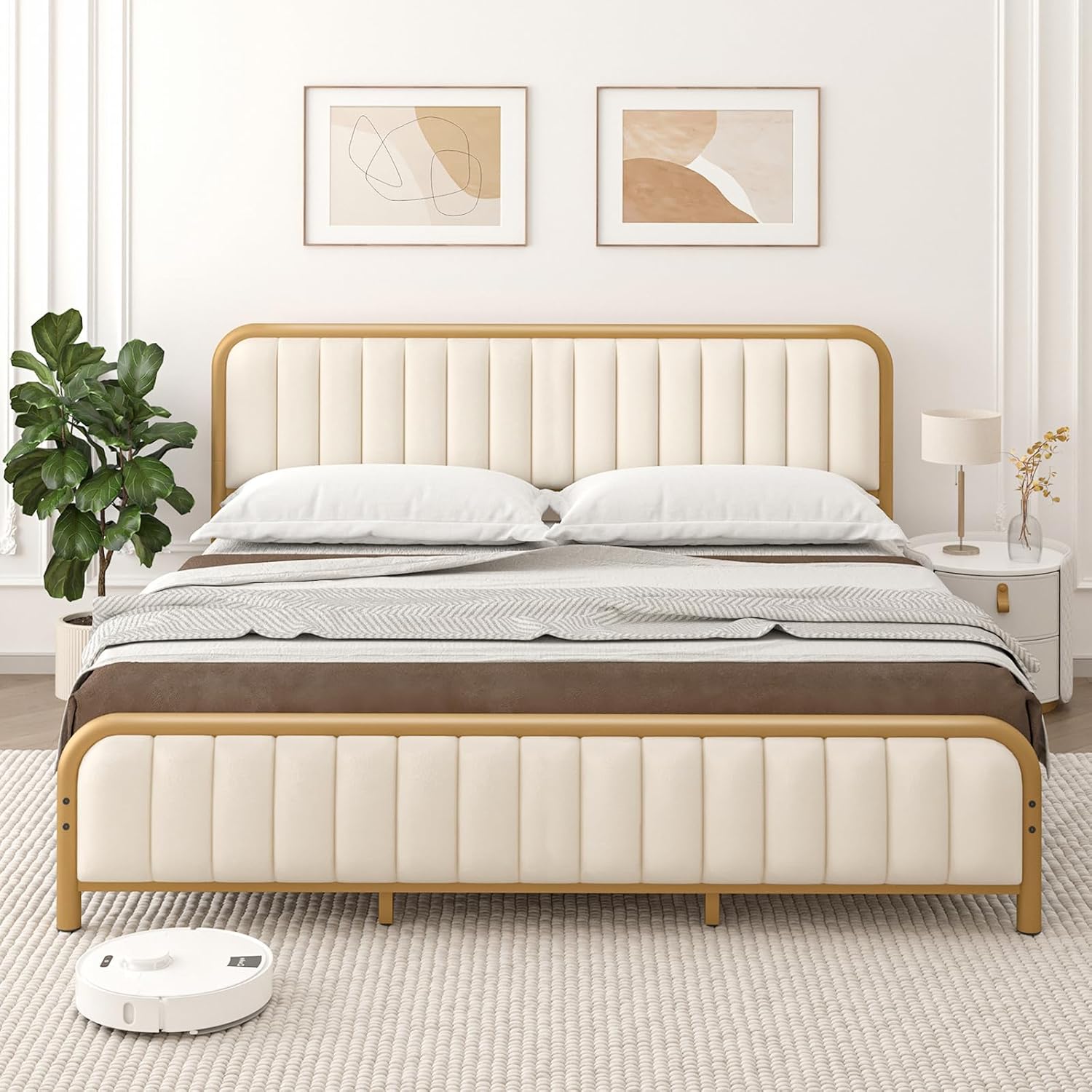 Amazon.com: DOGIBIXO Gold Bed Frame Full Size with LED Lights, Beige ...
