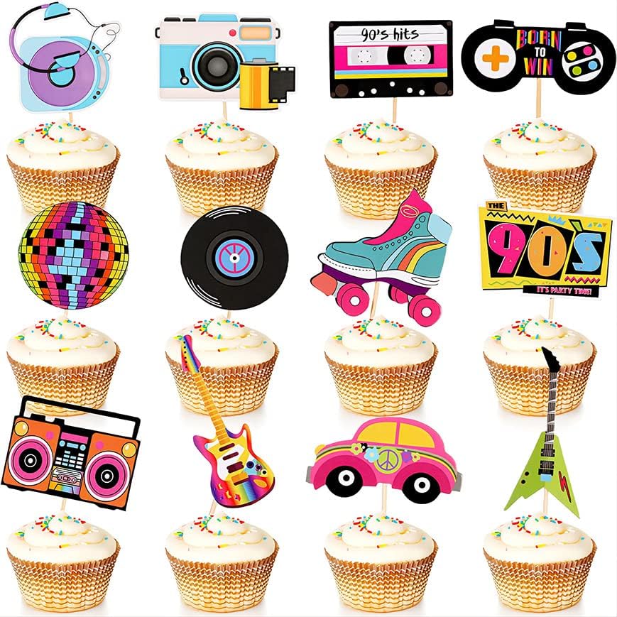 Dusenly 16pcs 90's Cupcake Toppers Retro 1990s Party 90's Decade ...