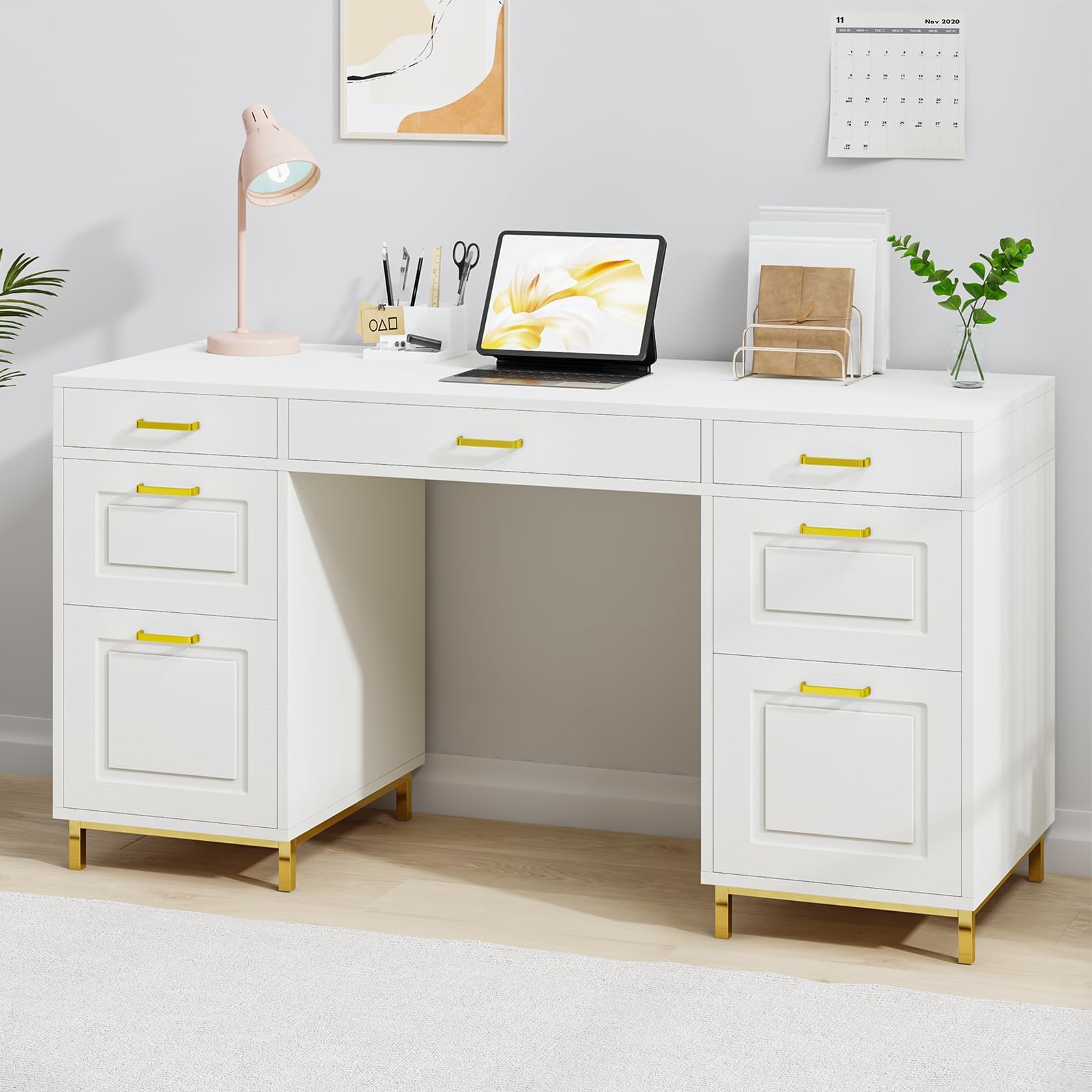 Amazon.com: MaverickFurni 57” Executive Desk with 7 Drawers, White ...