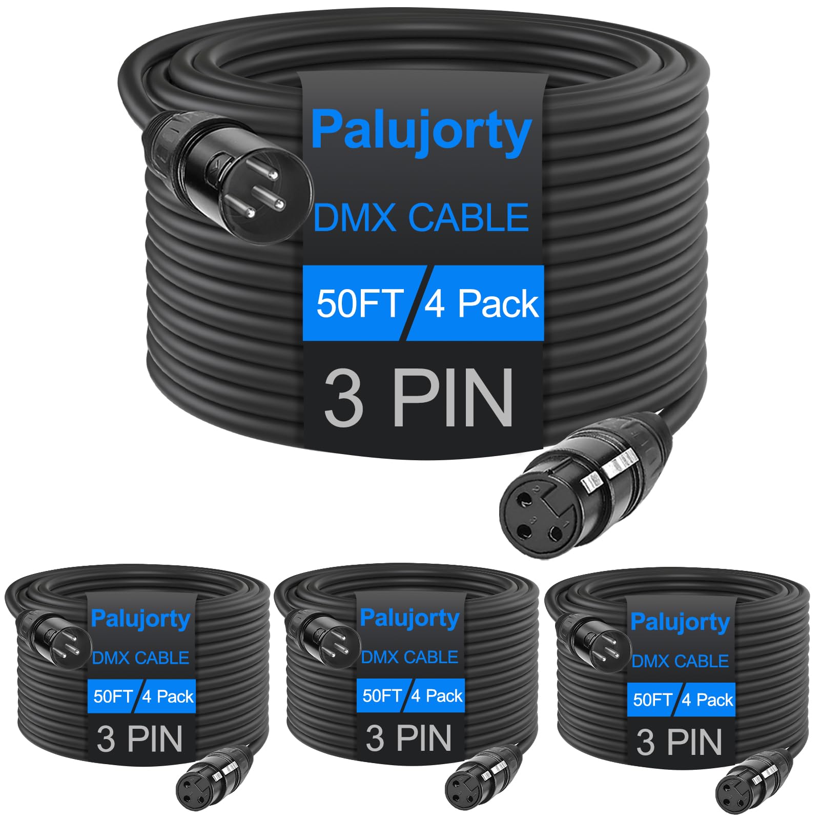 Amazon.com: 50 FT DMX Cable 4 Pack, Palujorty Coiled 3 Pin DMX Cable ...
