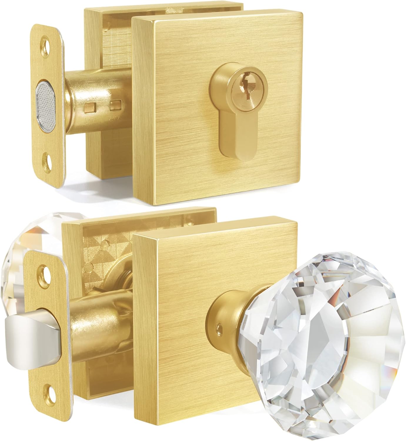 HIEMEY Satin Brass Diamond Glass Crystal Door Knob and Single Cylinder ...