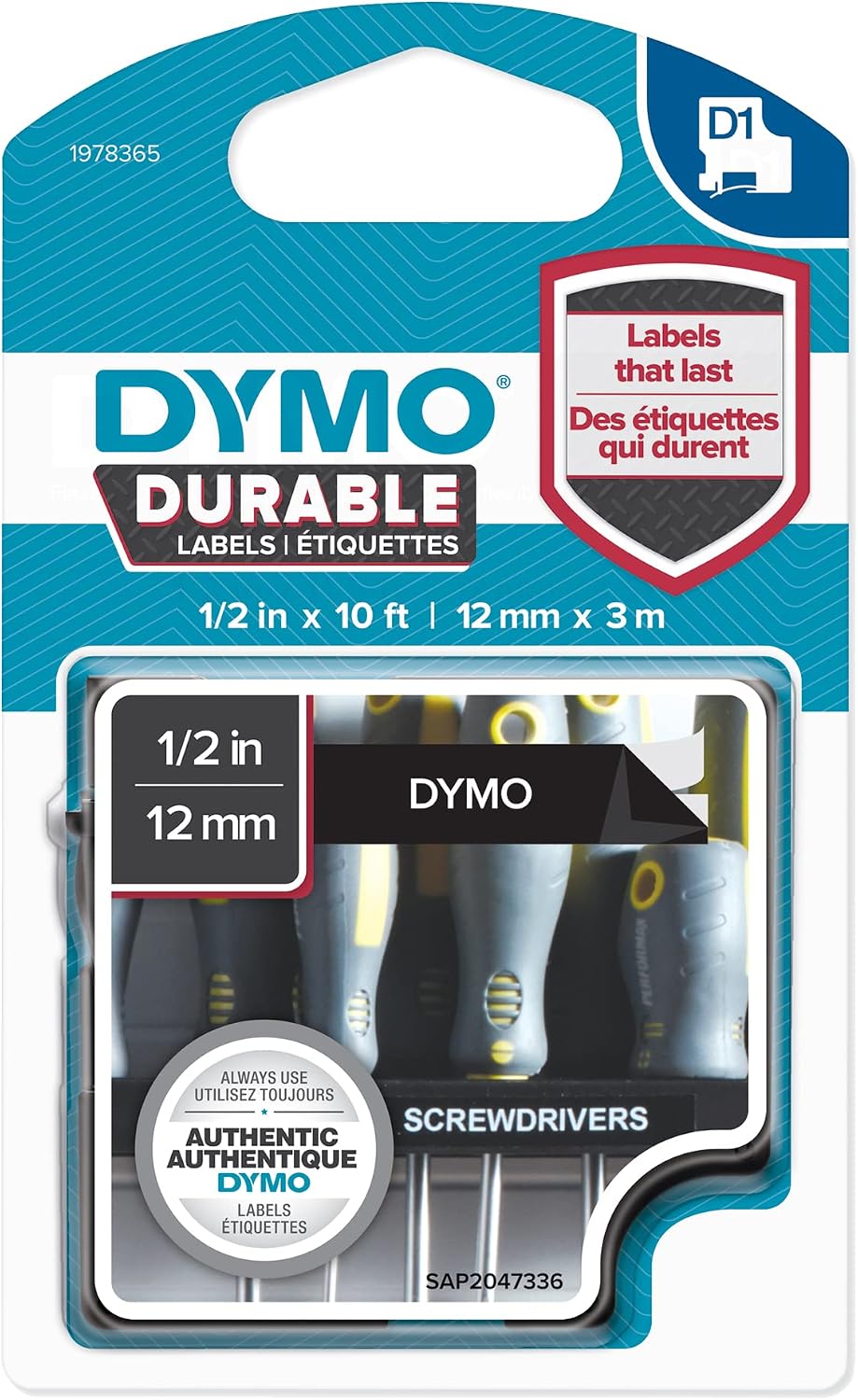 DYMO Authentic D1 Durable Labels | White Print on Black Tape | 12 mm x ...